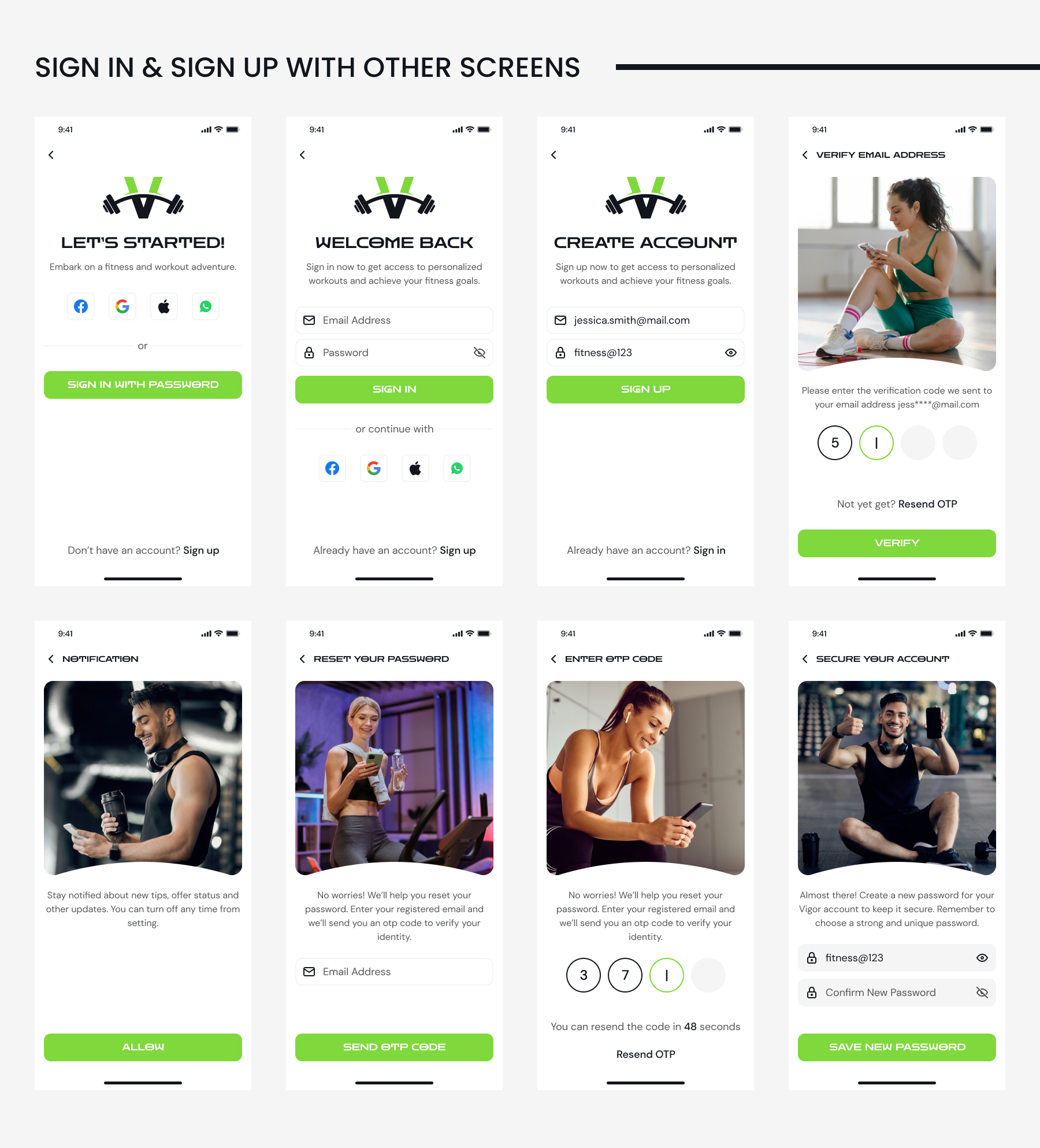 Fitness & Gym Workout Mobile App Figma UI Kit - Vigor Health by The_Krishna